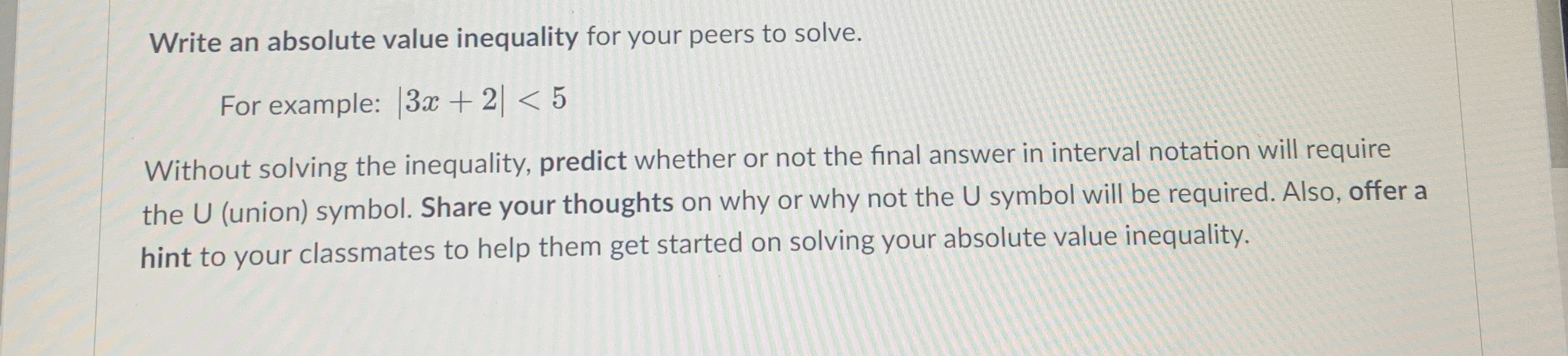 Solved Write an absolute value inequality for your peers to | Chegg.com