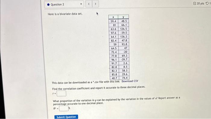 Solved Here is a bivariate data set. Find the correlation | Chegg.com