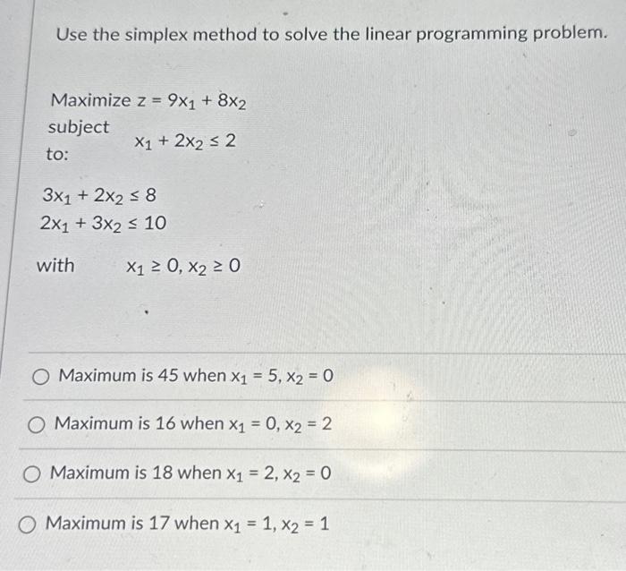 Solved Use the simplex method to solve the linear | Chegg.com