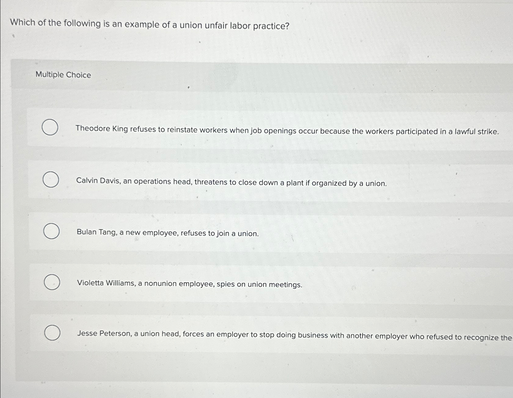 Solved Which of the following is an example of a union | Chegg.com