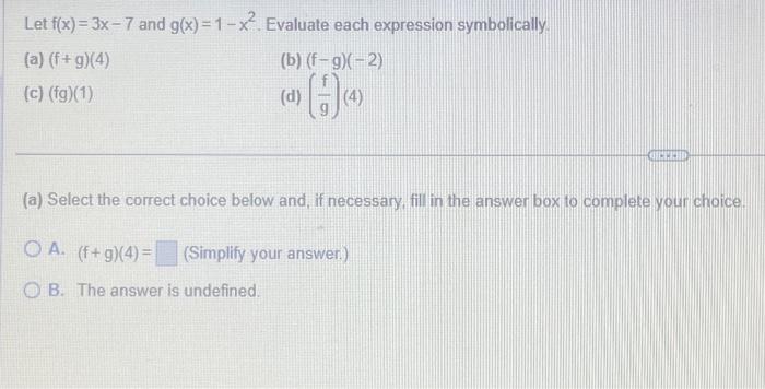 Solved Let F X 3x−7 And G X 1−x2 Evaluate Each Expression