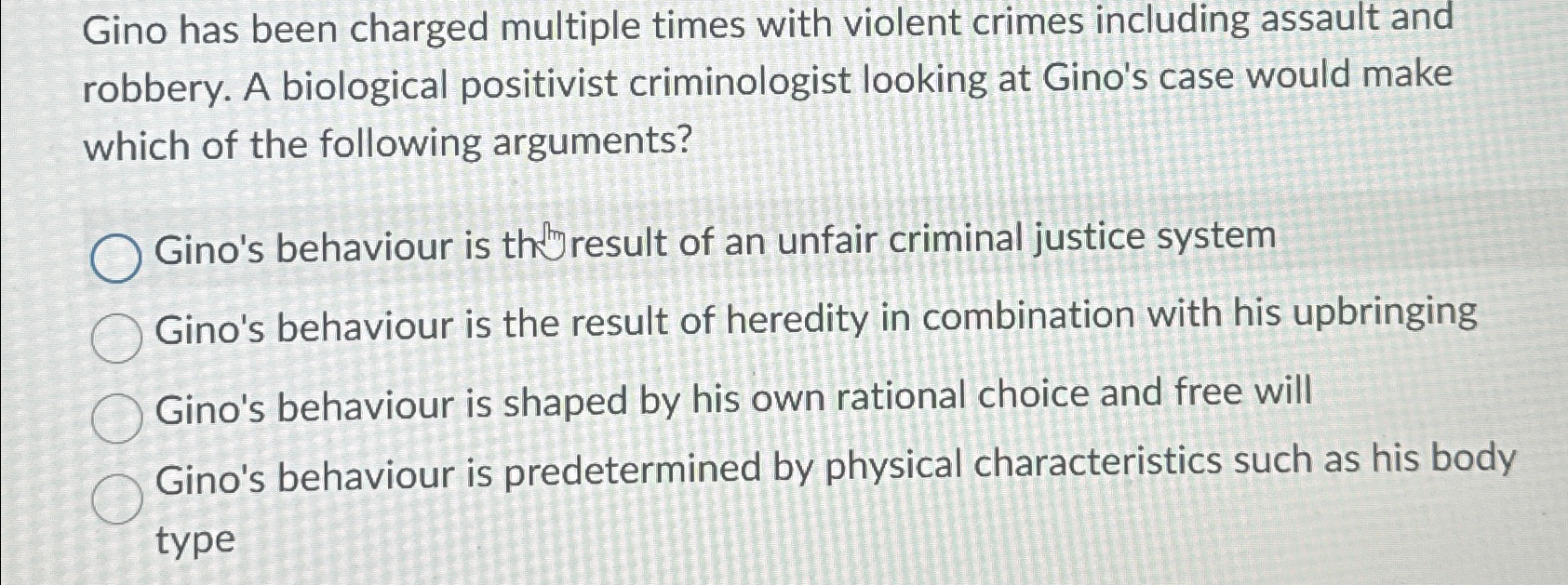 Solved Gino has been charged multiple times with violent | Chegg.com Solved Gino has been charged multiple times with violent | Chegg.com