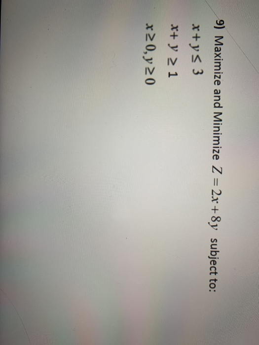 Solved 9) Maximize and Minimize Z = 2x+8y subject to: x+y s | Chegg.com