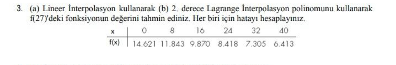 (a) ﻿Lineer Interpolasyon kullanarak (b) 2. ﻿derece | Chegg.com