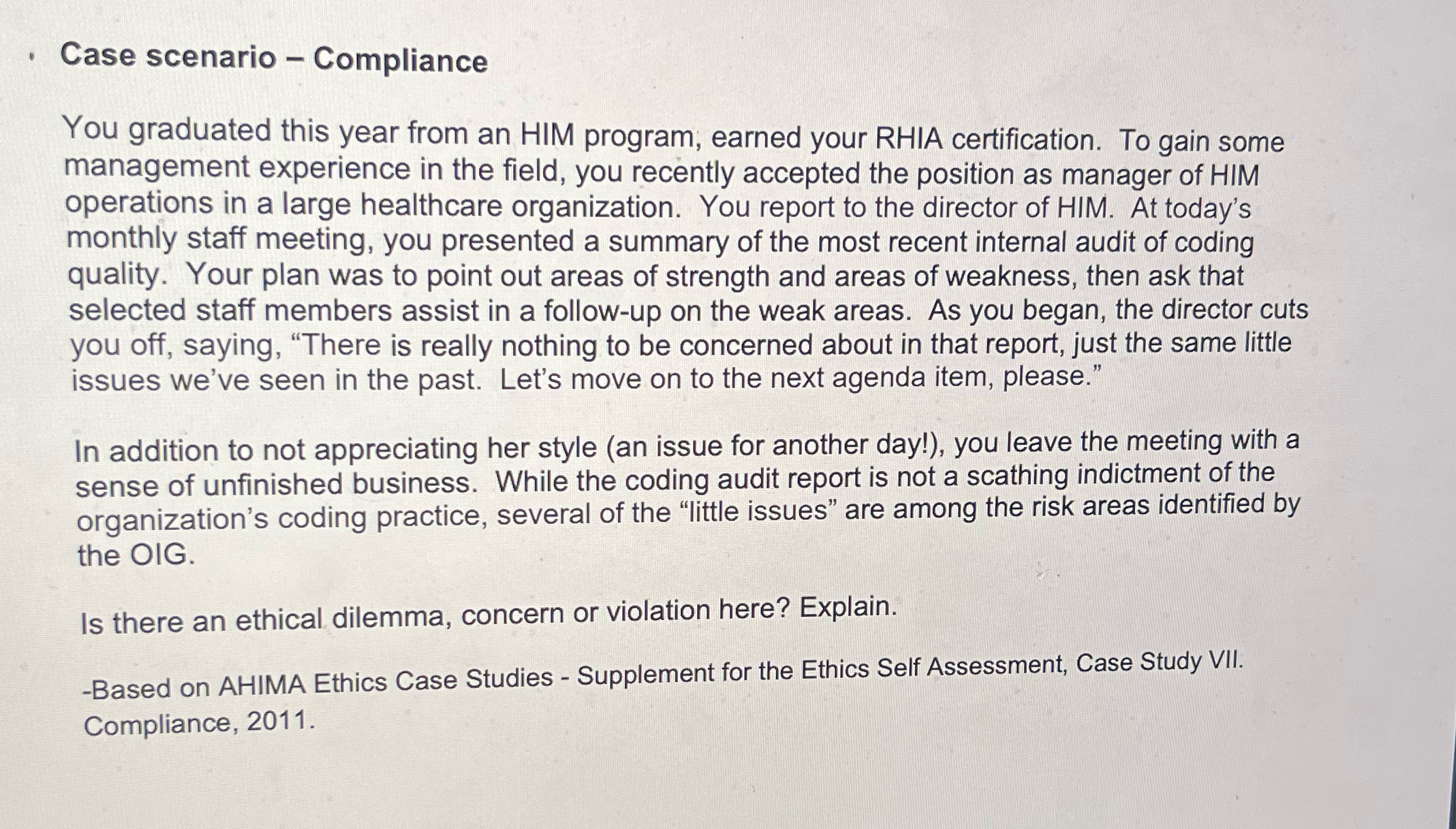 Solved Case scenario - ﻿ComplianceYou graduated this year | Chegg.com