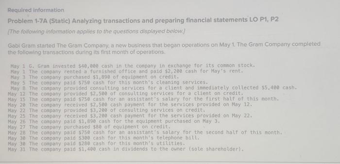 Solved Required information Problem 1-7A (Static) Analyzing | Chegg.com