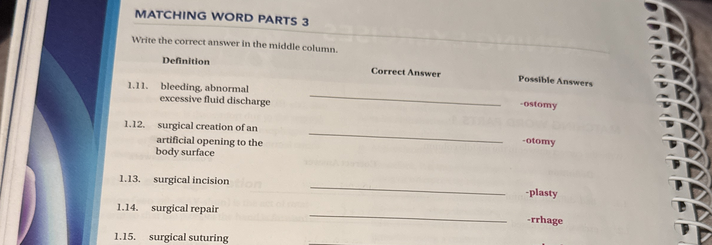 Solved MATCHING WORD PARTS 3Write the correct answer in the | Chegg.com
