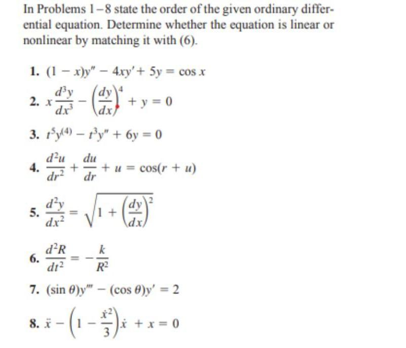 Solved In Problems 1 8 State The Order Of The Given Ordinary