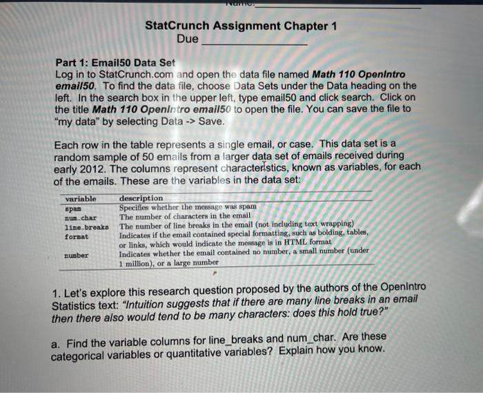 Part 1: Email50 Data Set Log in to StatCrunch.com and | Chegg.com