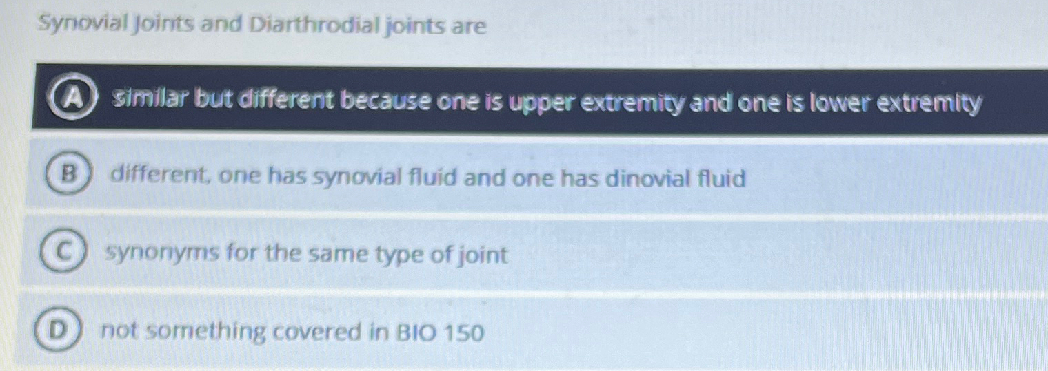 Solved Synovial joints and Diarthrodial joints are(A) | Chegg.com Solved Synovial joints and Diarthrodial joints are(A) | Chegg.com