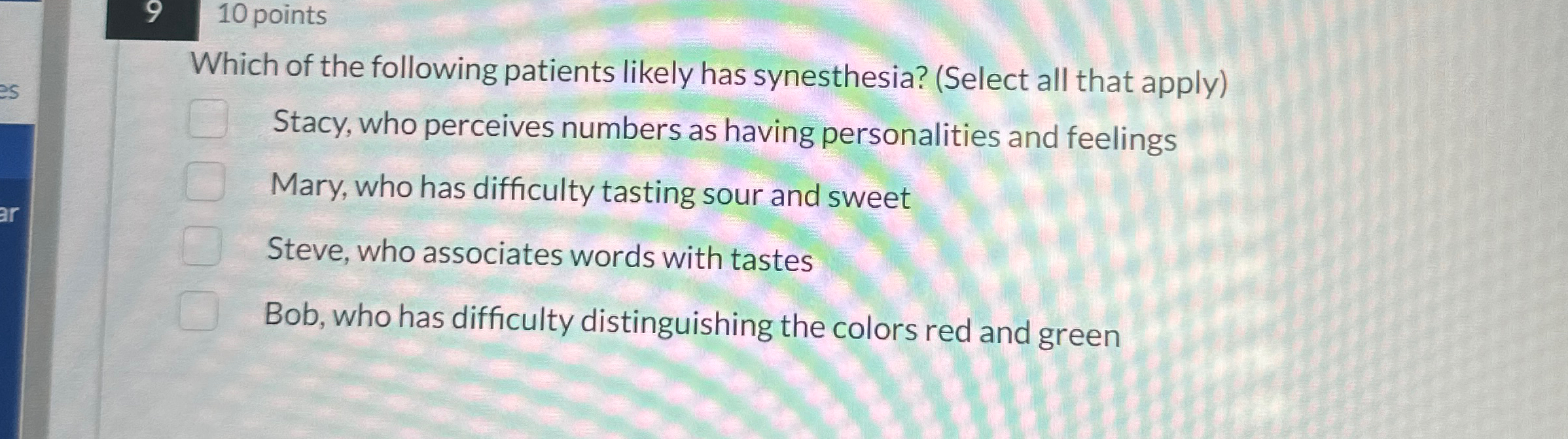 Solved 910 ﻿pointsWhich of the following patients likely has | Chegg.com