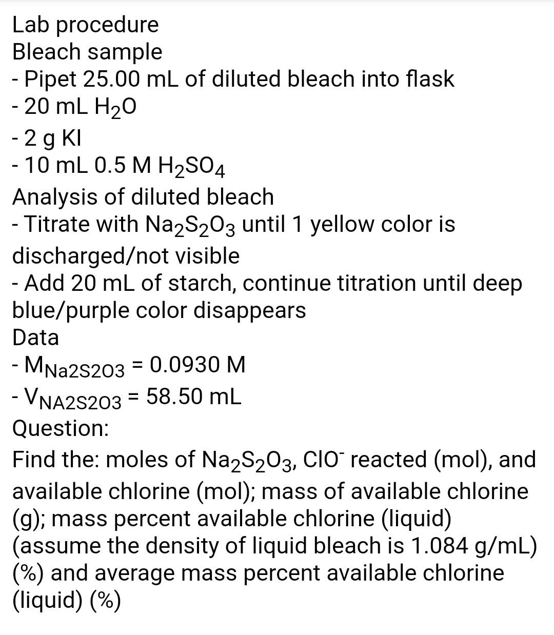Solved Lab procedure Bleach sample - Pipet 25.00 mL of | Chegg.com