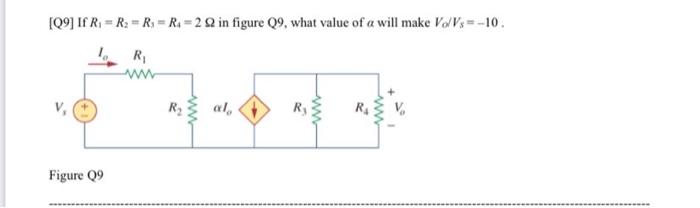 Solved [Q9] If R1=R2=R1=R4=2Ω in figure Q9, what value of α | Chegg.com