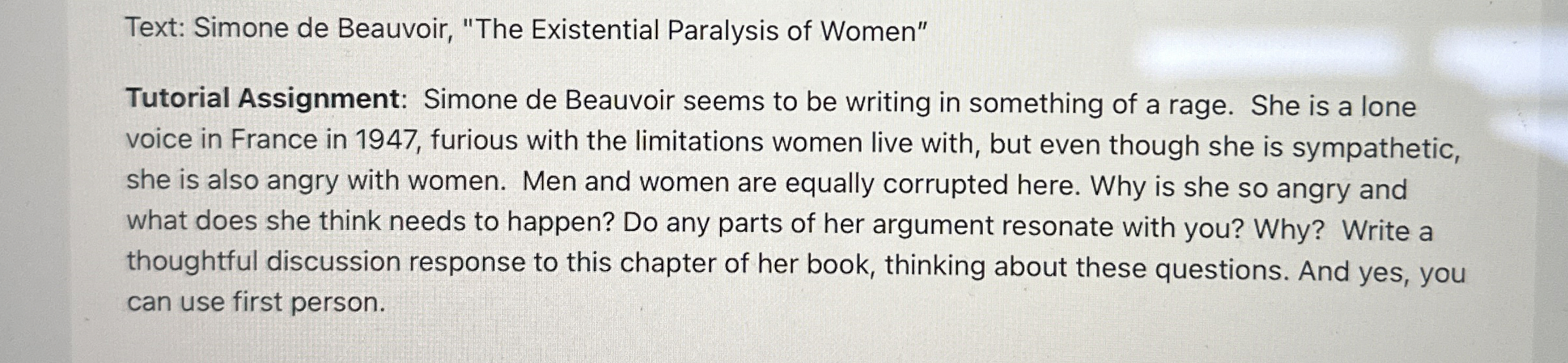 Solved Text: Simone de Beauvoir, "The Existential Paralysis | Chegg.com