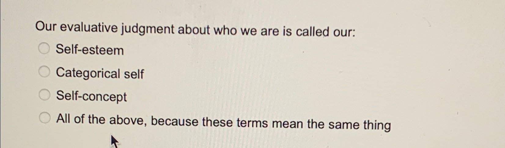 Solved Our evaluative judgment about who we are is called | Chegg.com