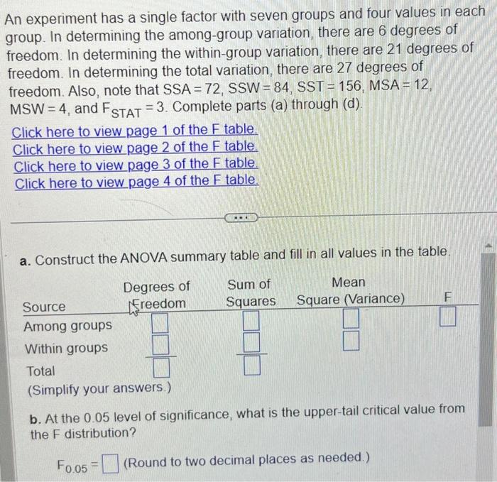 Solved An experiment has a single factor with seven groups | Chegg.com
