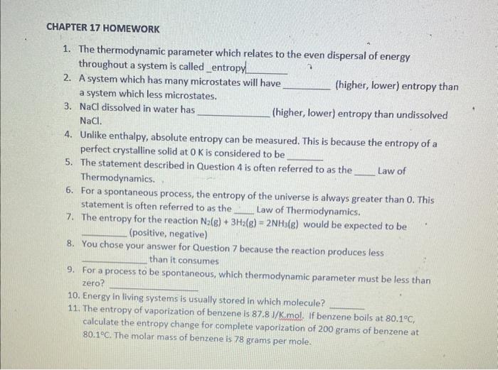 Solved CHAPTER 17 HOMEWORK 1. The thermodynamic parameter | Chegg.com