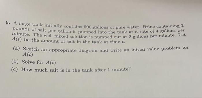 Solved 6. A large tank initially contains 500 gallons of | Chegg.com