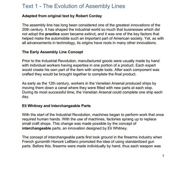 Solved Text 1 - The Evolution of Assembly Lines Adapted from | Chegg.com
