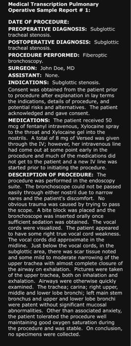 Solved Medical Transcription Pulmonary Operative Sample | Chegg.com