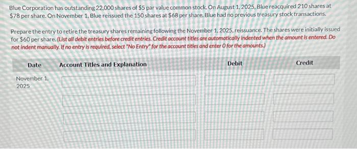 Solved Blue Corporation has outstanding 22,000 shares of $5 | Chegg.com