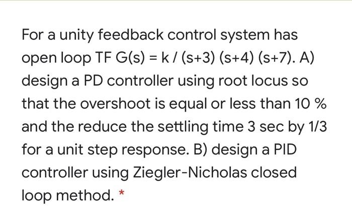 Solved For a unity feedback control system has open loop TF | Chegg.com