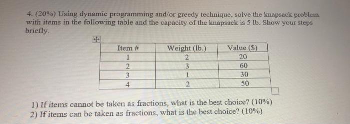 Solved 4. (20%) Using dynamic programming and/or greedy | Chegg.com