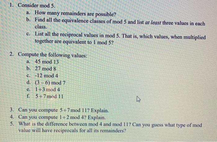 Solved 1. Consider mod 5. a. How many remainders are | Chegg.com