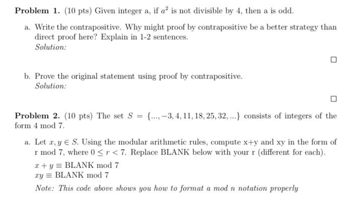 Solved Problem 1. (10 pts) Given integer a, if a2 is not | Chegg.com