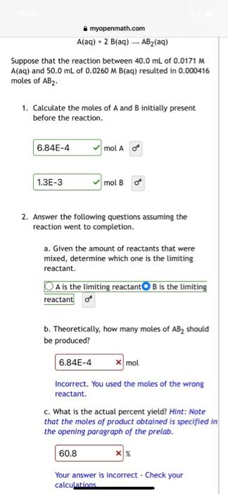 Solved A(aq)+2 B(aq)→AB2(aq) Suppose that the reaction | Chegg.com