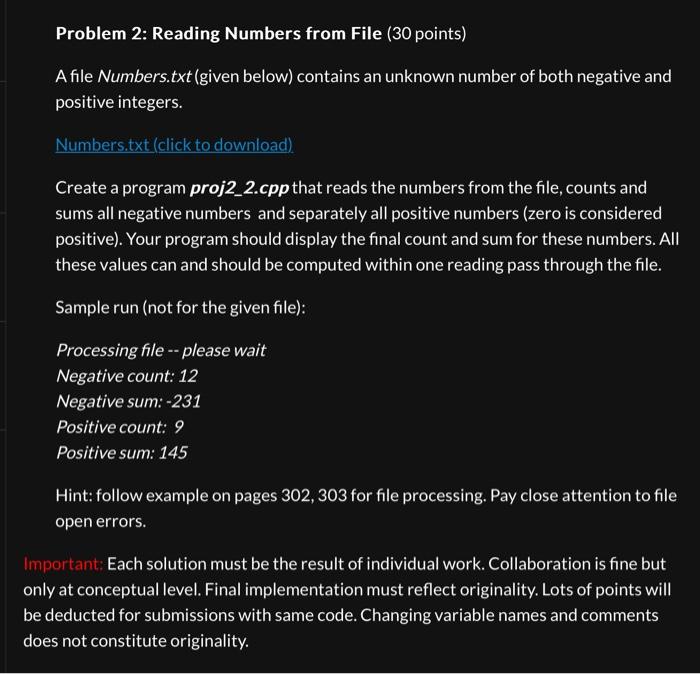 Solved Problem 2: Reading Numbers from File ( 30 points) A | Chegg.com