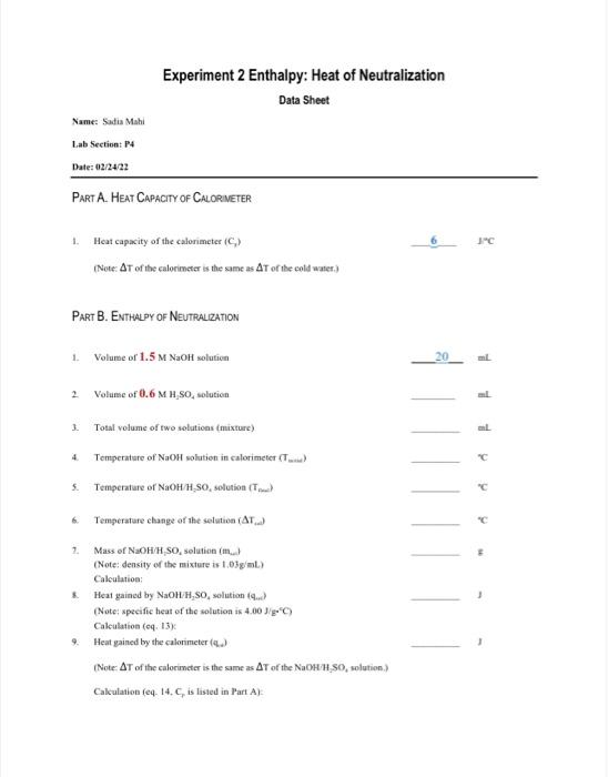 Experiment 2 Enthalpy: Heat of Neutralization Data | Chegg.com