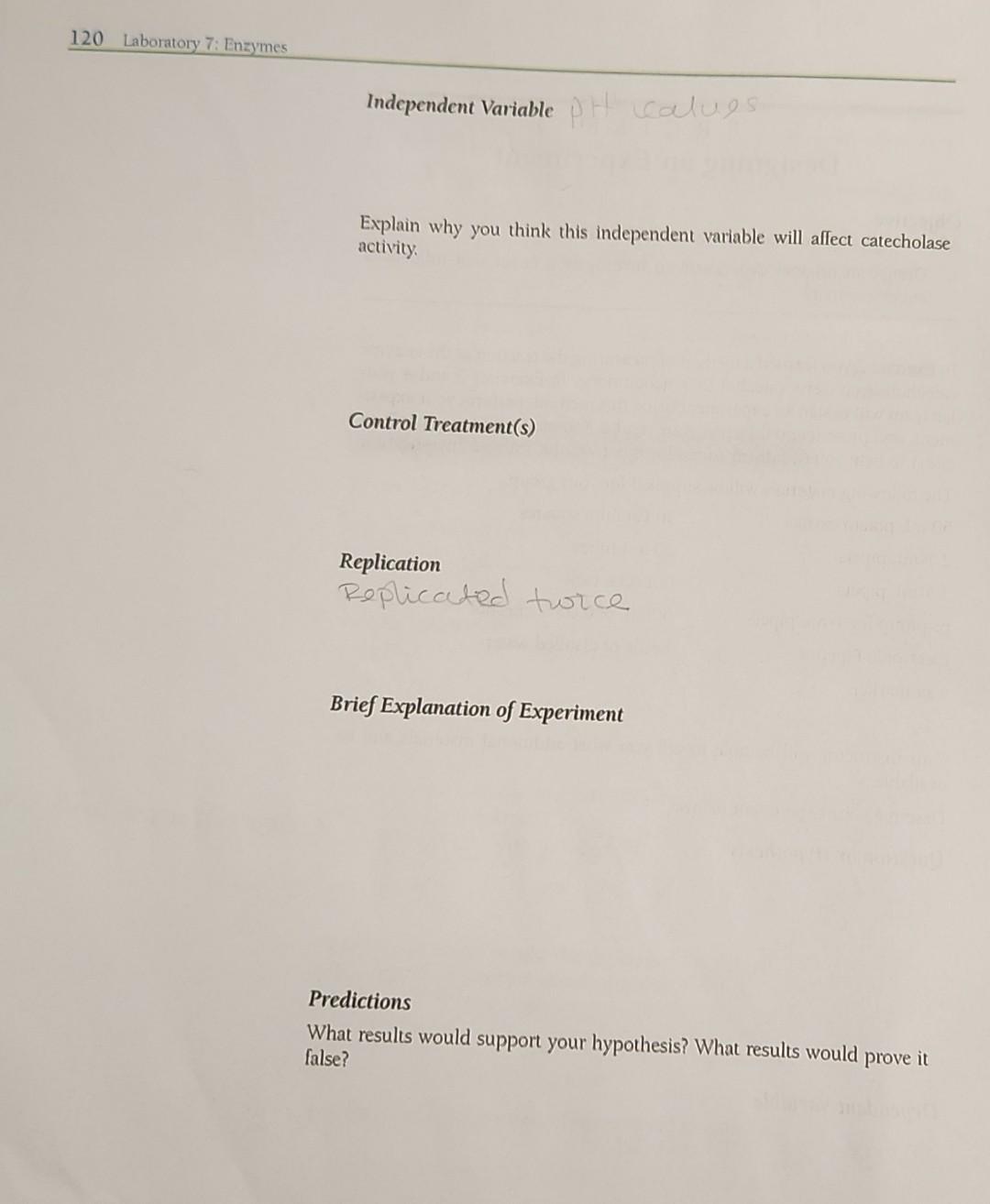 Solved 120 Laboratory 7: Enzymes Independent Variable | Chegg.com