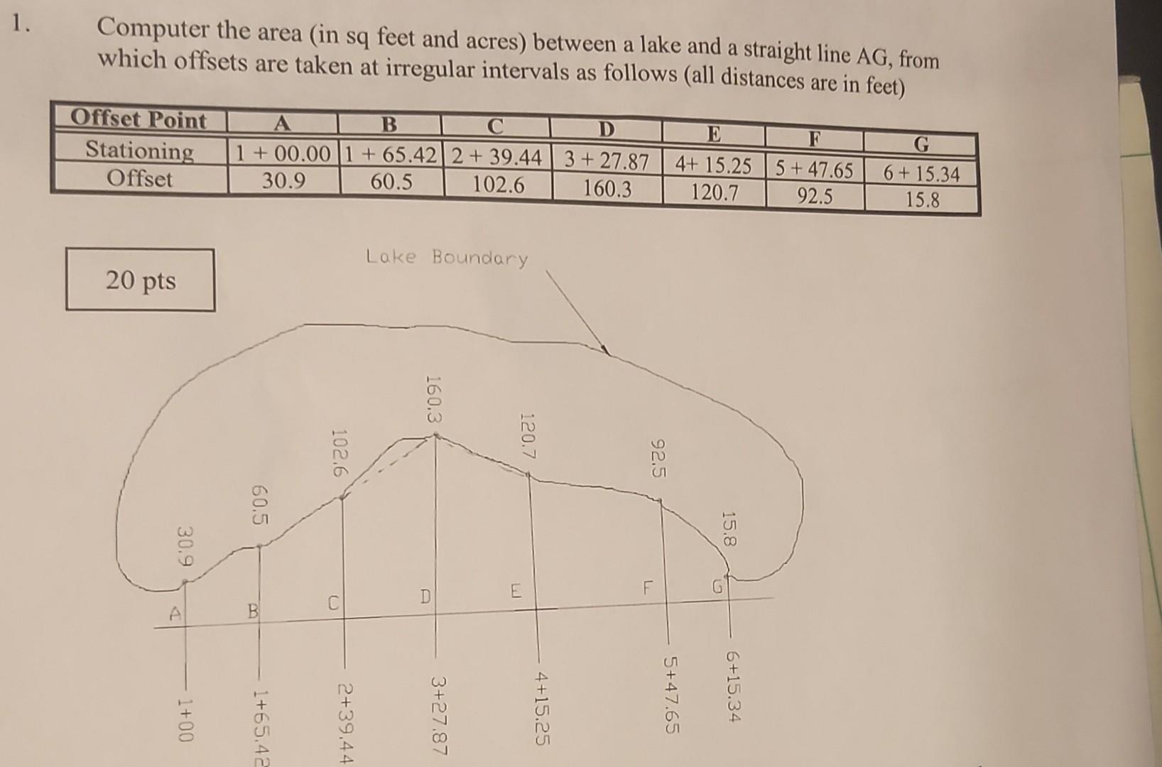 Solved 1. Computer the area (in sq feet and acres) between a | Chegg.com