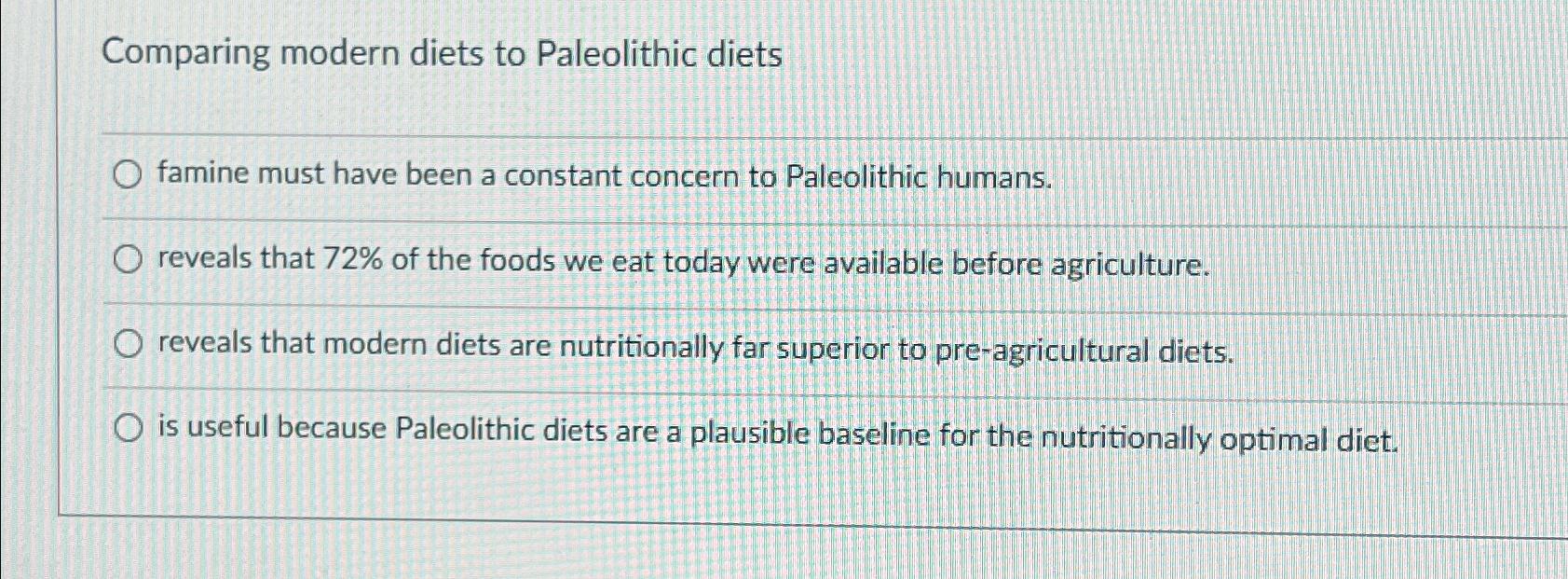 Solved Comparing modern diets to Paleolithic dietsfamine | Chegg.com