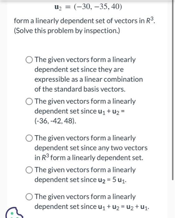 Solved Explain why the vectors u1=(−6,−7,8)u2=(−30,−35,40) | Chegg.com