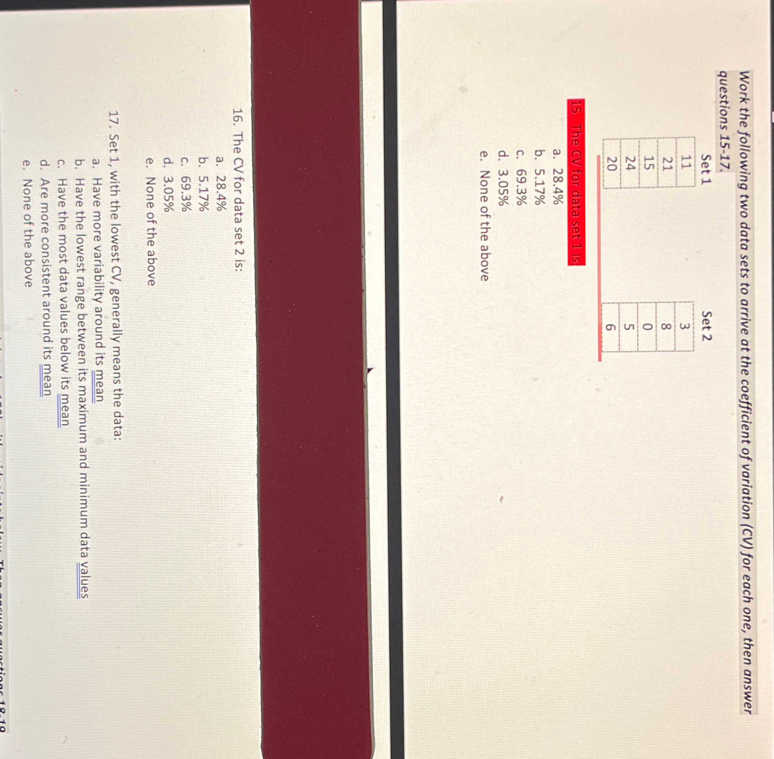Solved Work the following two data sets to arrive at the | Chegg.com