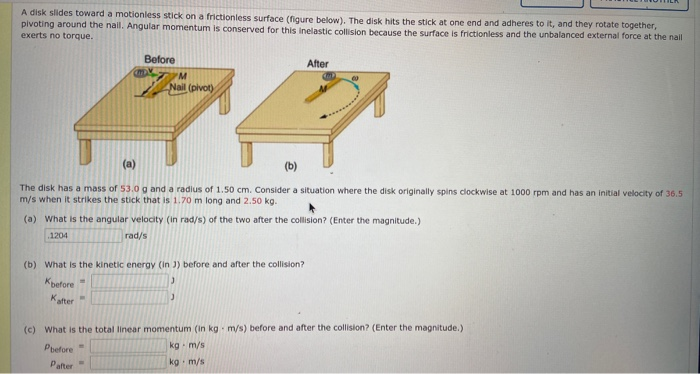 Solved A disk slides toward a motionless stick on a | Chegg.com