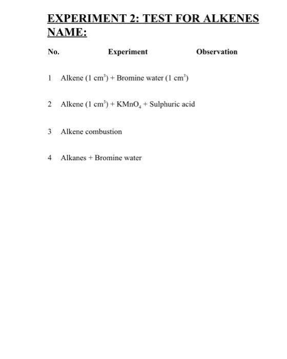 Solved EXPERIMENT 2: TEST FOR ALKENES NAME: No. Experiment | Chegg.com
