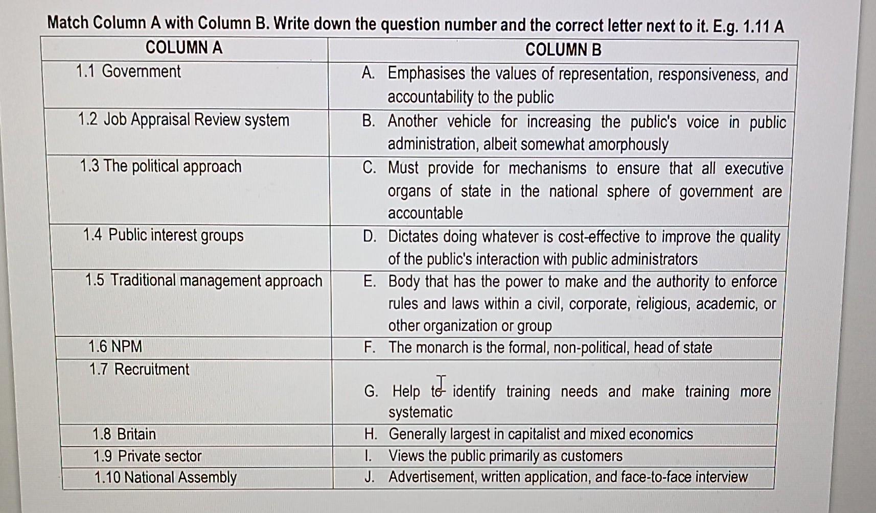 Match Column A with Column B. Write down the question | Chegg.com
