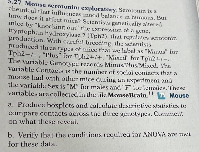Solved 5.27 Mouse serotonin: exploratory. Serotonin is a | Chegg.com