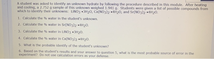 Solved 2. A student was asked to identify an unknown hydrate | Chegg.com