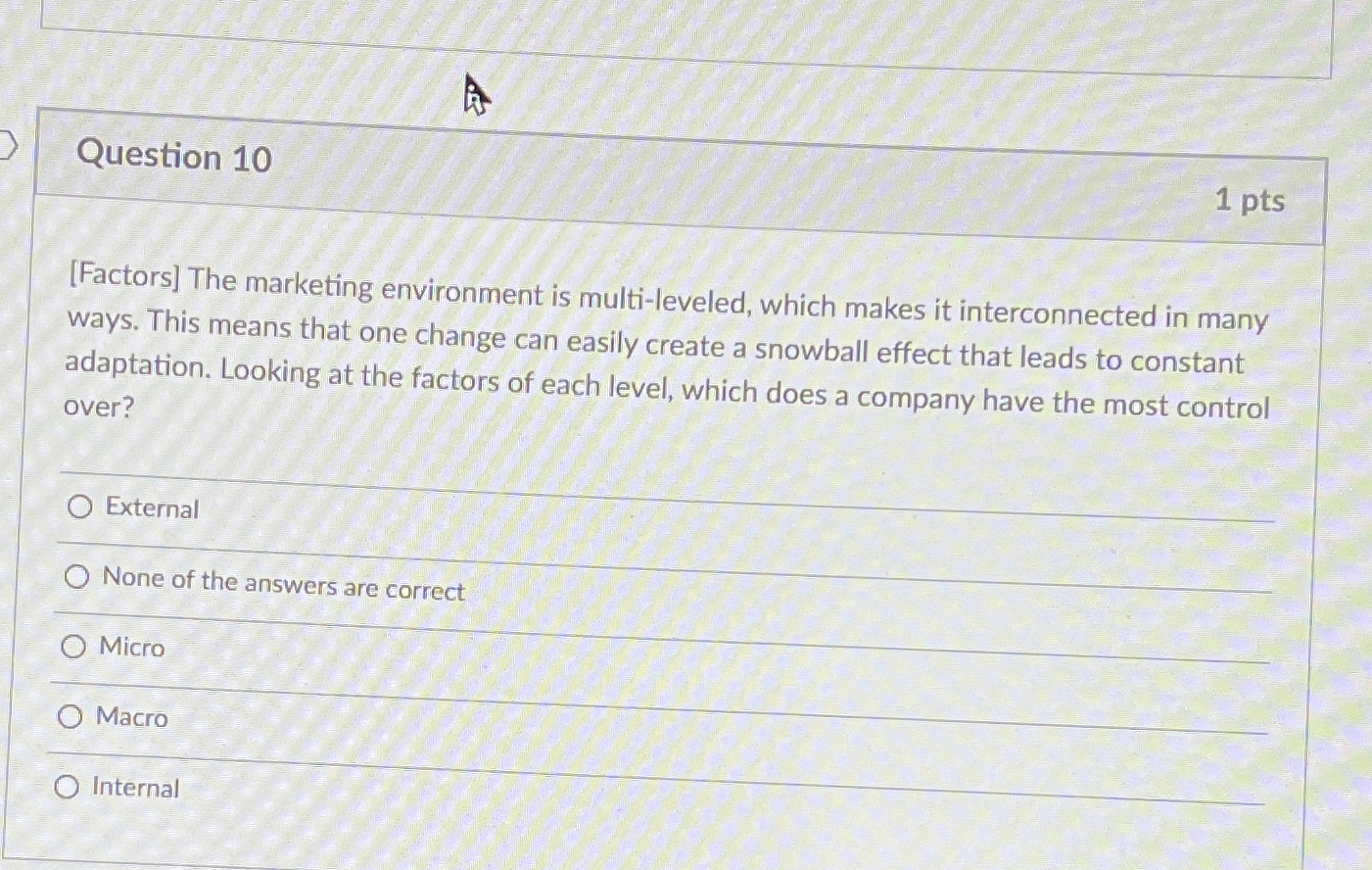 Solved Question 101pts[Factors] ﻿The marketing environment | Chegg.com