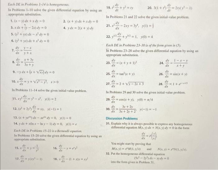 Solved Each DE in Problems 1-14 is homogeneous. In Problems | Chegg.com