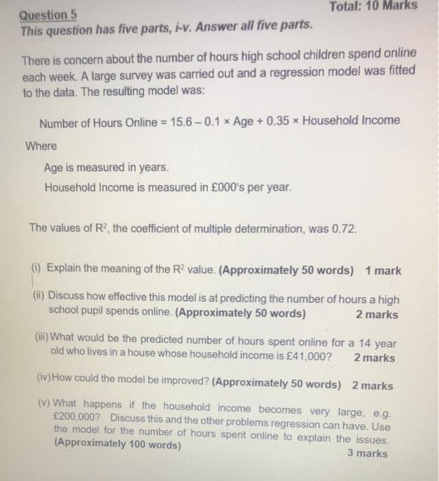 Solved Total: 10 Marks Question 5 This question has five | Chegg.com