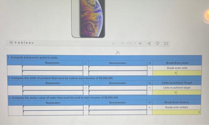 Solved +ableau 1. Compute break-even point in units. | Chegg.com