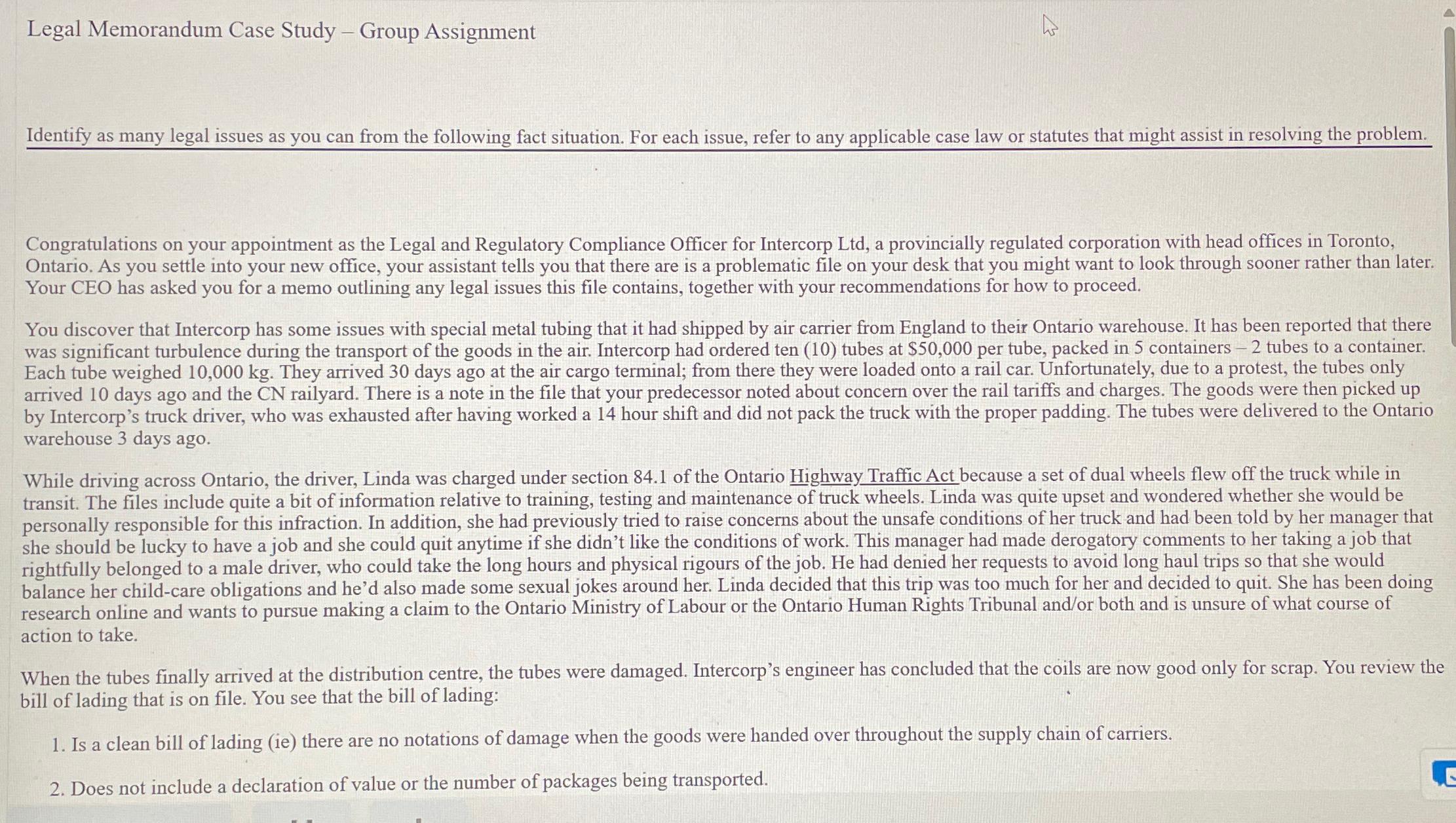 Solved Legal Memorandum Case Study - ﻿Group Assignment | Chegg.com