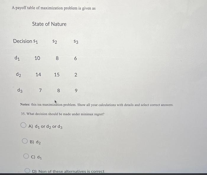 Solved A payoff table of maximization problem is given as | Chegg.com