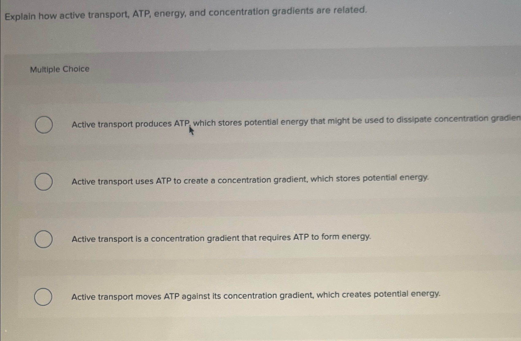 Solved Explain how active transport, ATP, energy, and | Chegg.com