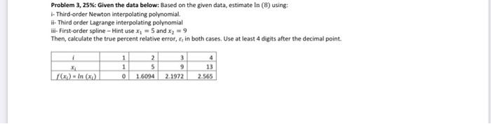 Problem 3, 25\%: Given the data below: Based on the | Chegg.com